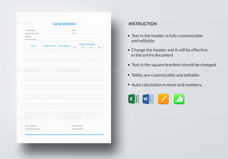 Camp Schedule Template in Word, Excel, Apple Pages, Numbers