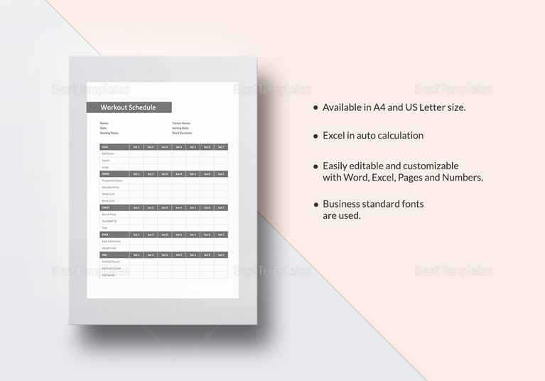 Weekly Workout Schedule Template in Word, Excel, Apple Pages, Numbers
