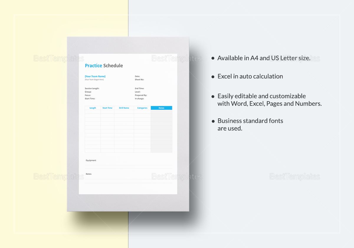 Practice Schedule Template in Word, Excel, Apple Pages, Numbers