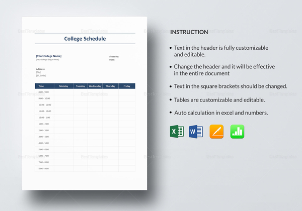 College Schedule Template in Word, Excel, Apple Pages, Numbers