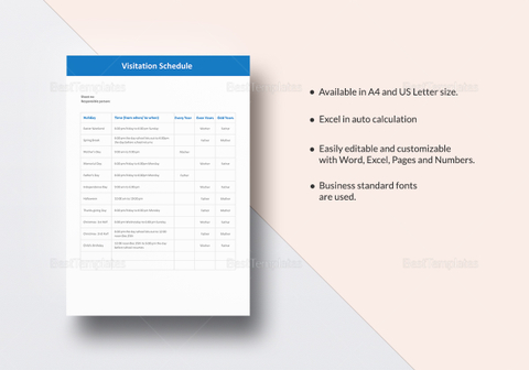 Visitation Schedule Template in Word, Excel, Apple Pages, Numbers