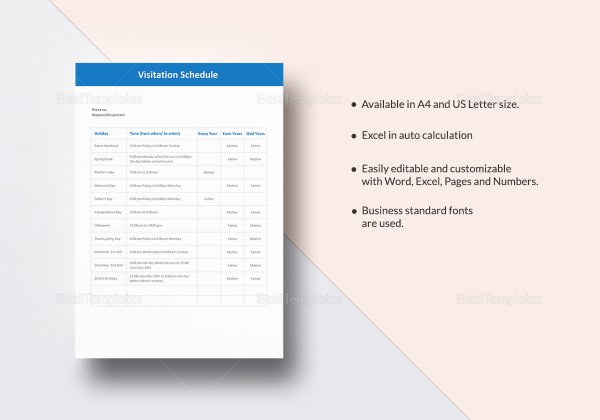 Visitation Schedule Template in Word, Excel, Apple Pages, Numbers