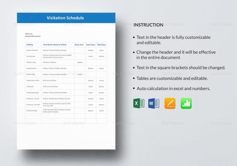 Visitation Schedule Template in Word, Excel, Apple Pages, Numbers