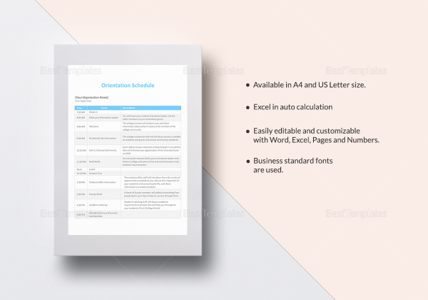 Orientation Schedule Template in Word, Excel, Apple Pages, Numbers