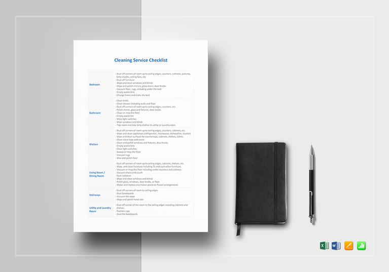 Cleaning Service Checklist Template in Word, Excel, Apple Pages, Numbers