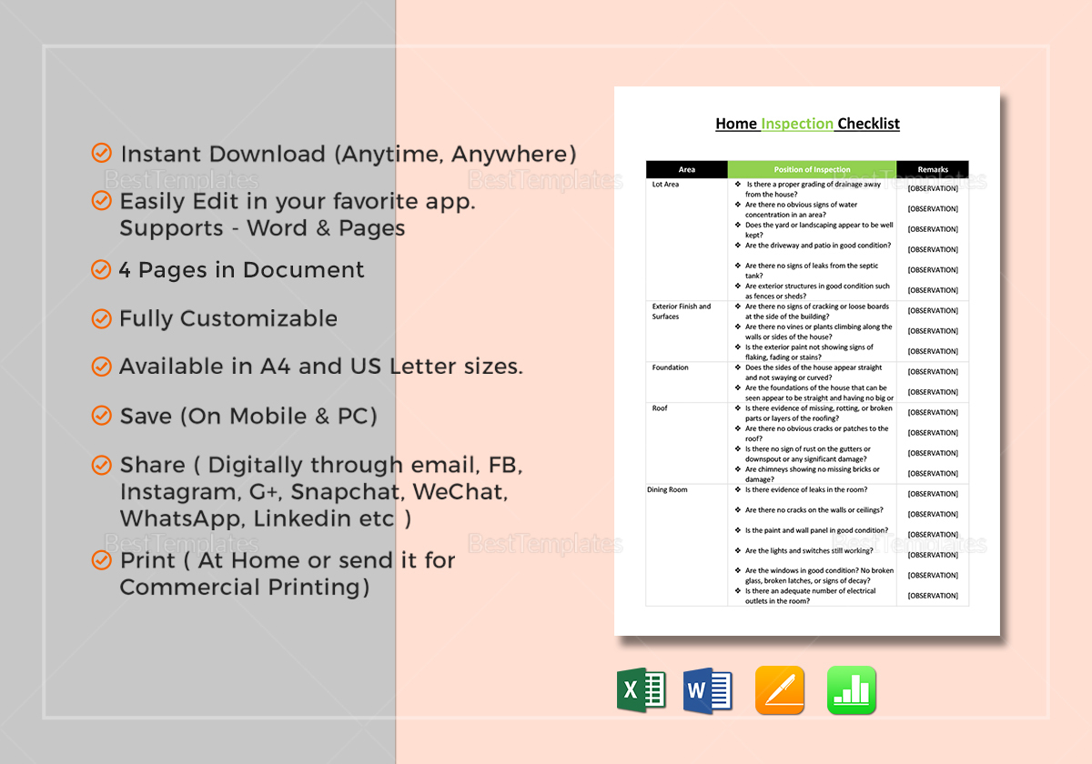 Home Inspection Checklist Template in Word, Excel, Apple Pages, Numbers