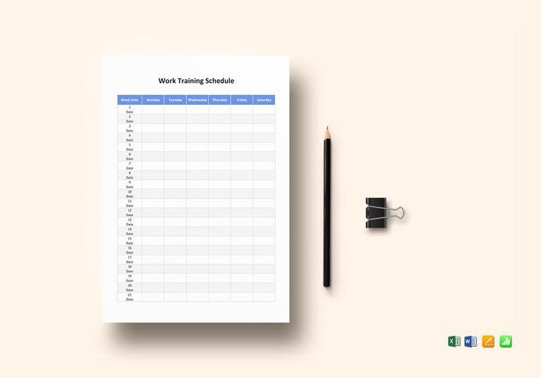 Work Training Schedule Template in Word, Excel, Apple Pages, Numbers