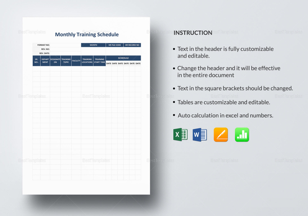 Monthly Training Schedule Template in Word, Excel, Apple Pages, Numbers