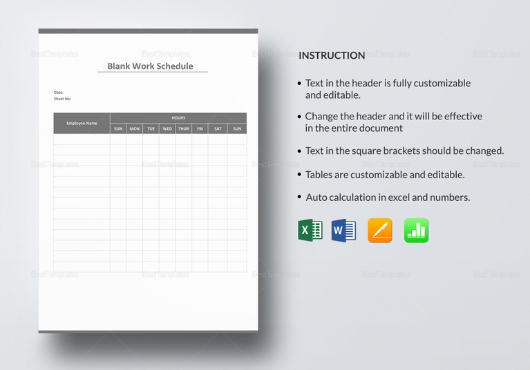 Blank Work Schedule Template in Word, Excel, Apple Pages, Numbers