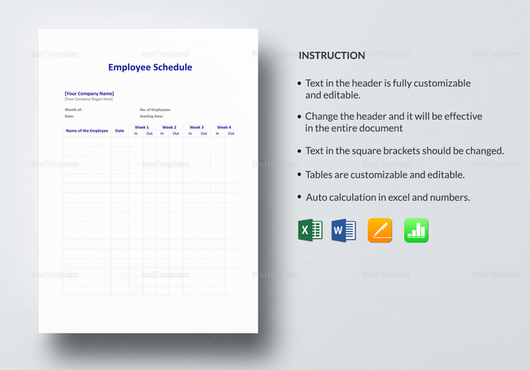 Employee Schedule Template in Word, Excel, Apple Pages, Numbers