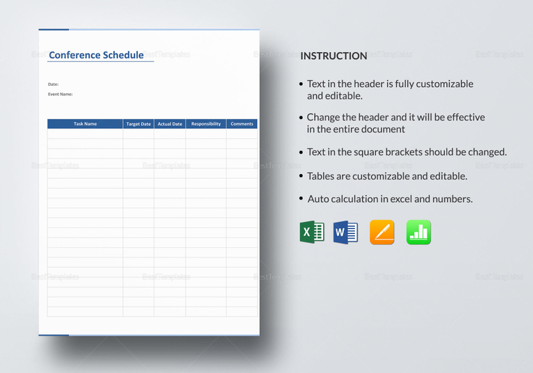 Conference Schedule Template in Word, Excel, Apple Pages, Numbers