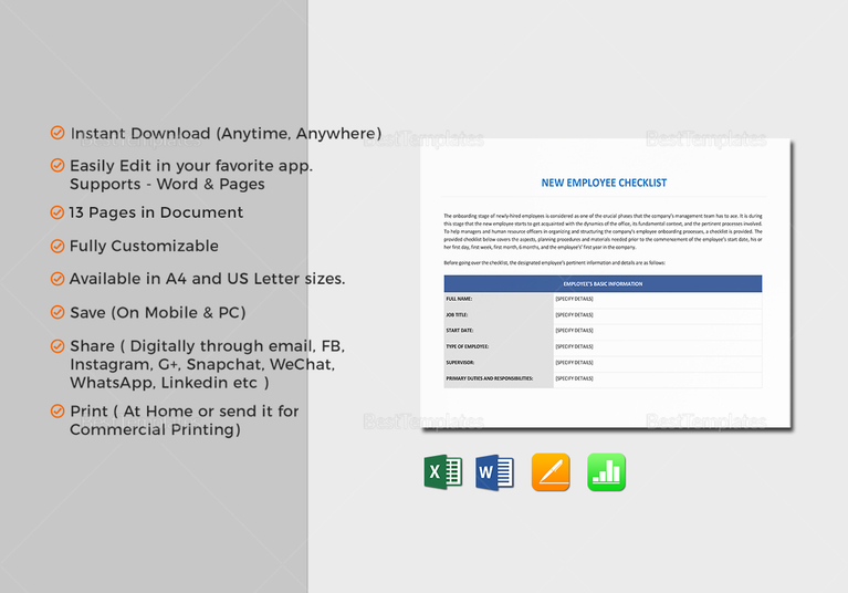 New Employee Checklist Template in Word, Excel, Apple Pages, Numbers