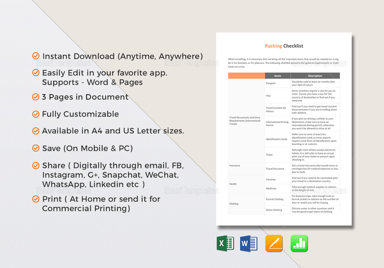 Packing Checklist Template in Word, Excel, Apple Pages, Numbers