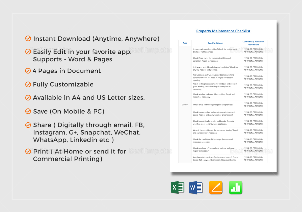 Property Maintenance Checklist Template in Word, Excel, Apple Pages ...