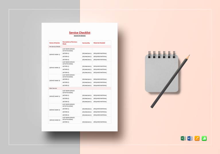 Service Checklist Template in Word, Excel, Apple Pages, Numbers