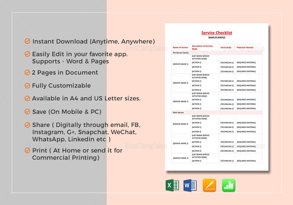 Service Checklist Template in Word, Excel, Apple Pages, Numbers