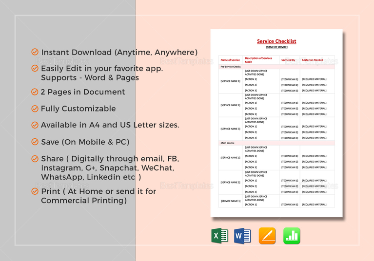 Service Checklist Template in Word, Excel, Apple Pages, Numbers