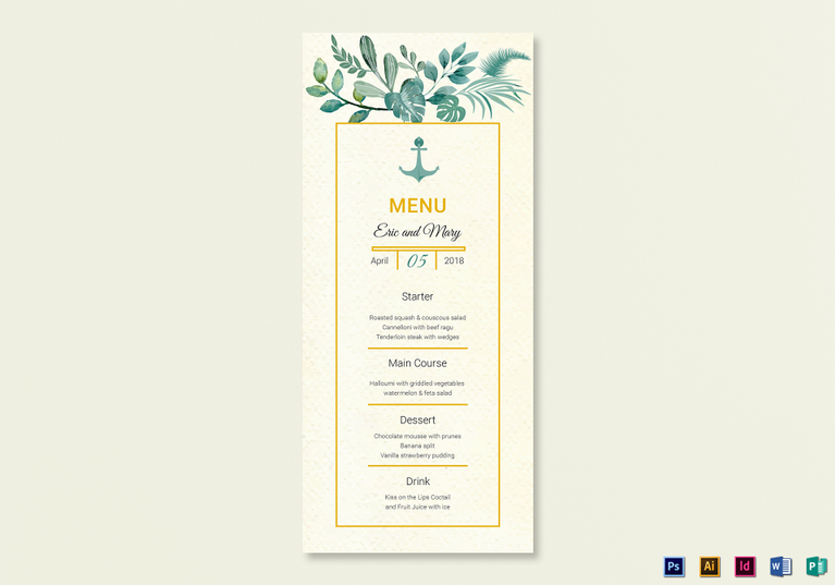 Nautical Wedding Menu Card Template in PSD, Word, Publisher ...