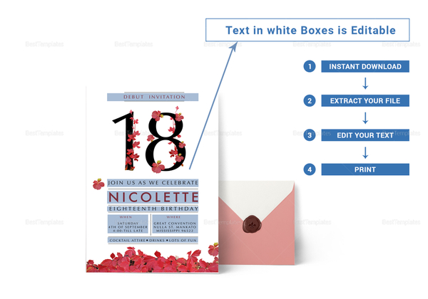 Floral Debut Invitation Design Template in PSD, Word, Publisher ...