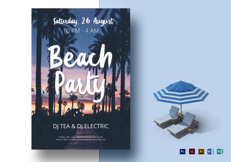 Beach Party Flyer Design Template in PSD, Word, Publisher, Illustrator ...