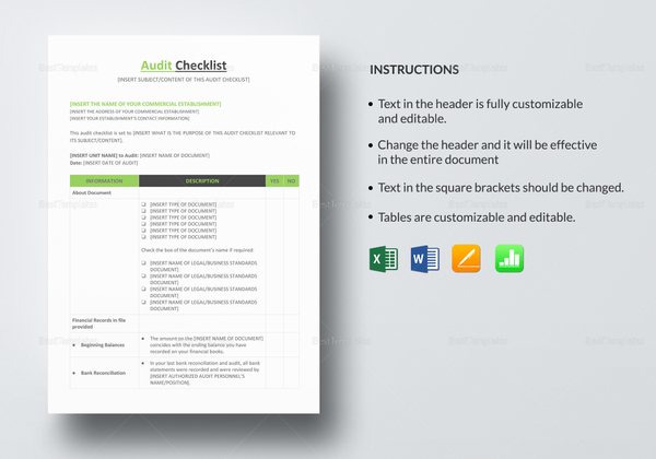 Audit Checklist Template in Word, Excel, Apple Pages, Numbers