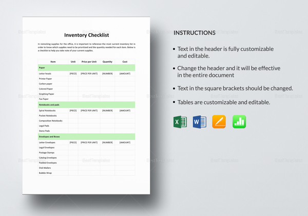 Inventory Checklist Template in Word, Excel, Apple Pages, Numbers