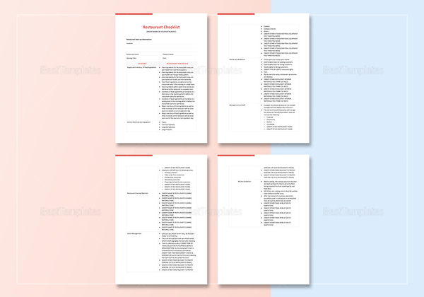 Restaurant Checklist Template in Word, Excel, Apple Pages, Numbers