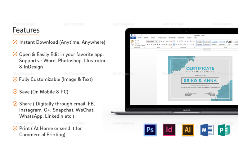 Blue Watercolor Achievement Certificate Design Template in PSD, Word ...