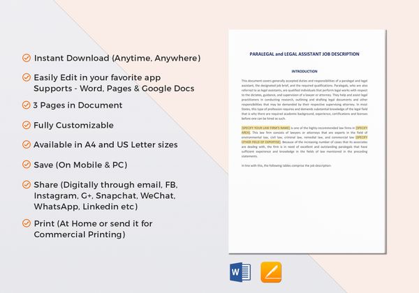 Paralegal and Legal Assistant Job Description Template in Word, Google ...