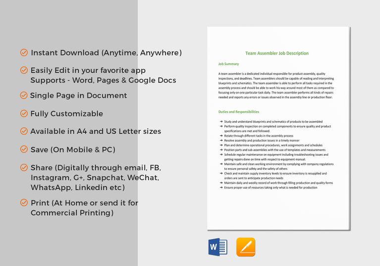 Team Assembler Job Description Template in Word, Google Docs, Apple Pages