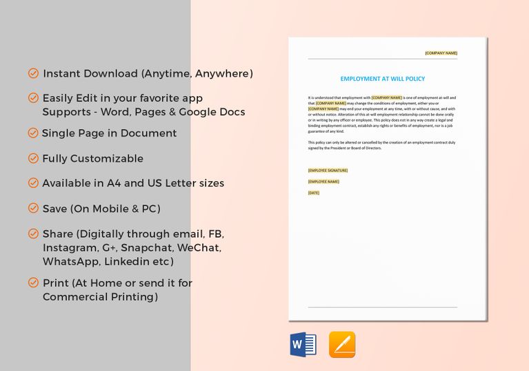At Will Employment Policy Template in Word, Google Docs, Apple Pages