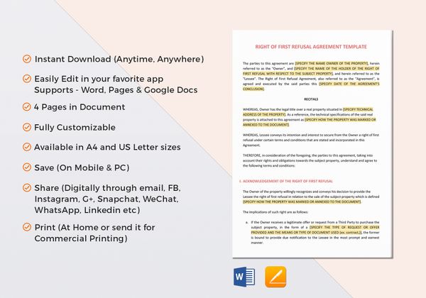 Right of First Refusal Agreement Template in Word, Google Docs, Apple Pages