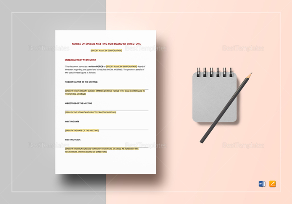 Notice of Special Meeting of Directors Template in Word, Google Docs ...