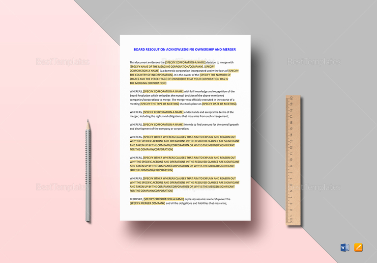 Board Resolution Acknowledging Ownership and Merger with Company ...