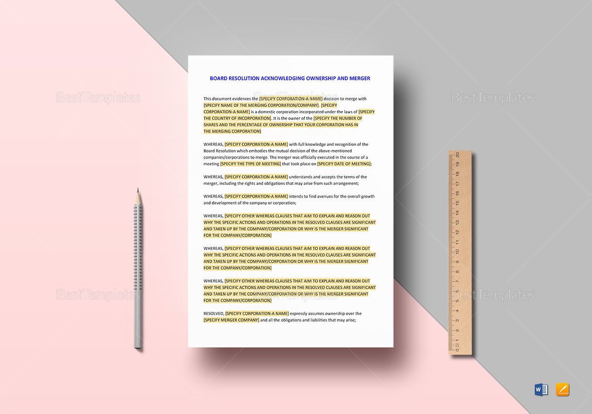 Board Resolution Acknowledging Ownership and Merger with Company ...