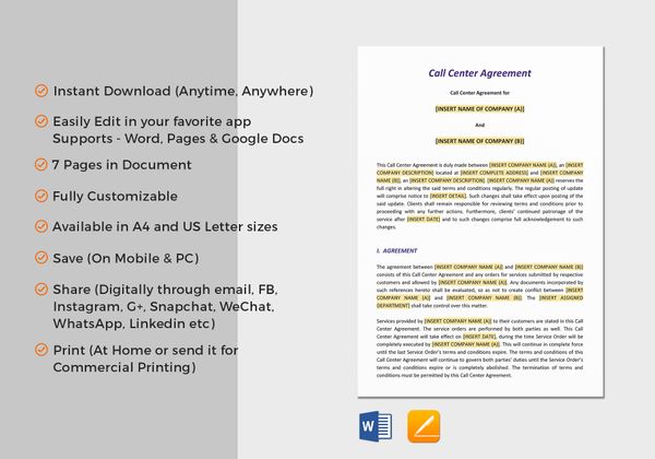 Call Center Agreement Template in Word, Google Docs, Apple Pages