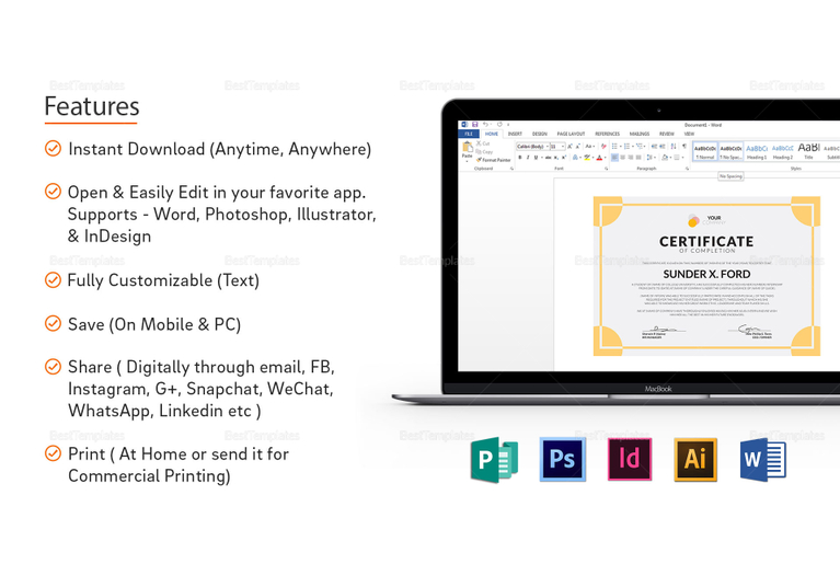 Internship Certificate of Completion Design Template in PSD, Word ...