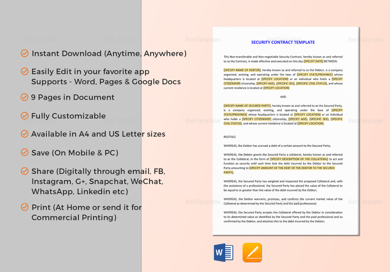 Security Contract Template in Word, Google Docs, Apple Pages