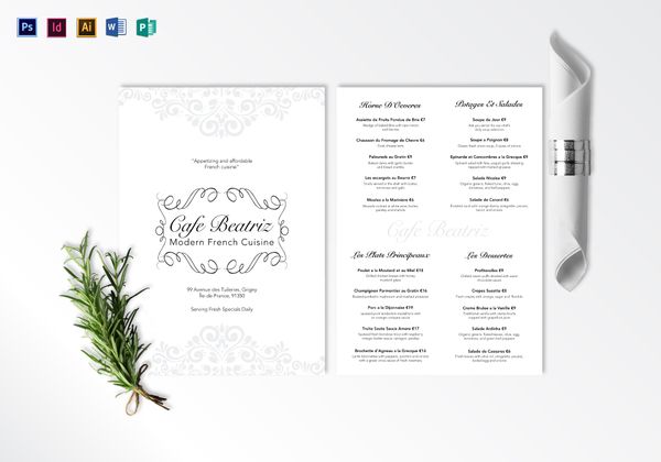 Modern French Menu Design Template in PSD, Word, Publisher, Illustrator ...