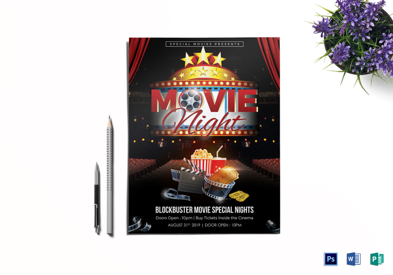 Printable Movie Night Flyer Design Template in Word, PSD, Publisher