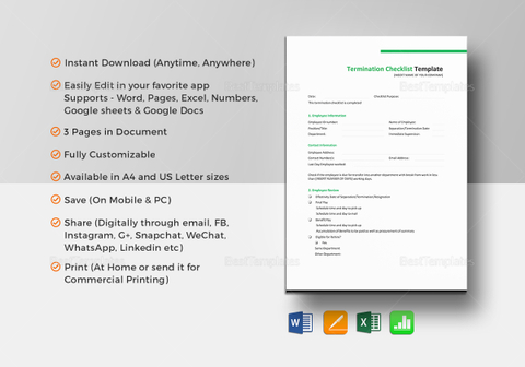 Termination Checklist Template in Word, Excel, Apple Pages, Numbers