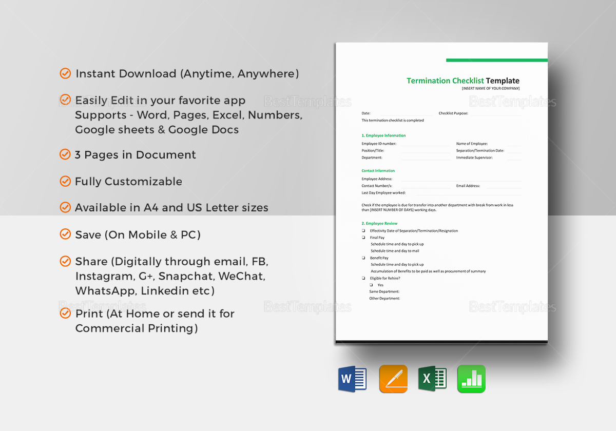 Termination Checklist Template in Word, Excel, Apple Pages, Numbers