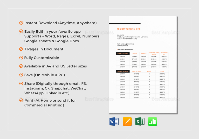 Cricket Score Sheet Template in Word, Excel, Apple Pages, Numbers