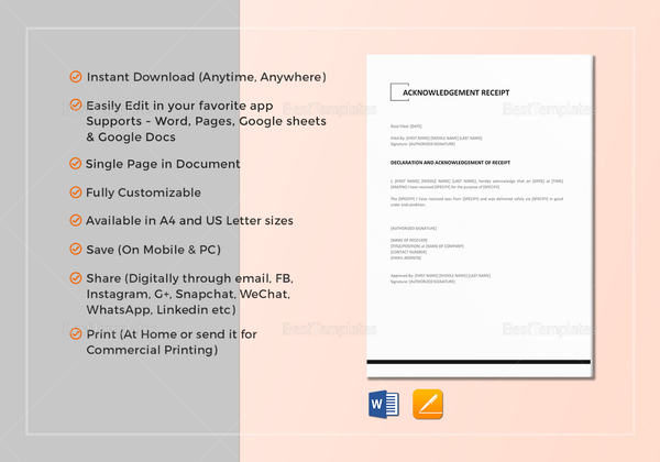 Acknowledgement Receipt Template in Word, Google Docs, Apple Pages