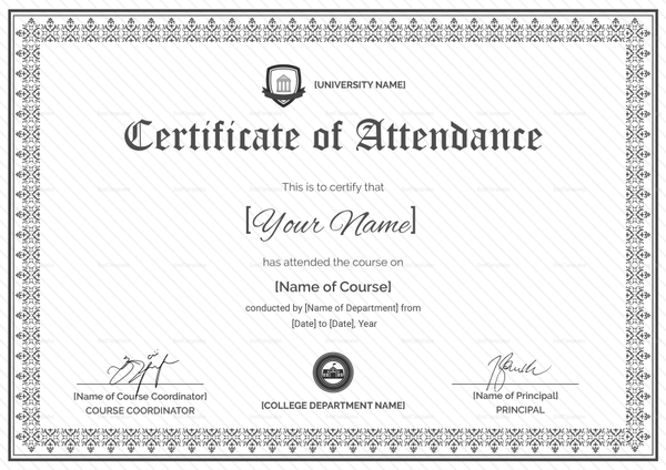 Course Attendance Certificate Design Template in PSD, Word