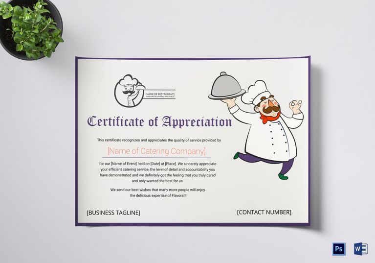 Catering Thank You Certificate Design Template in PSD, Word