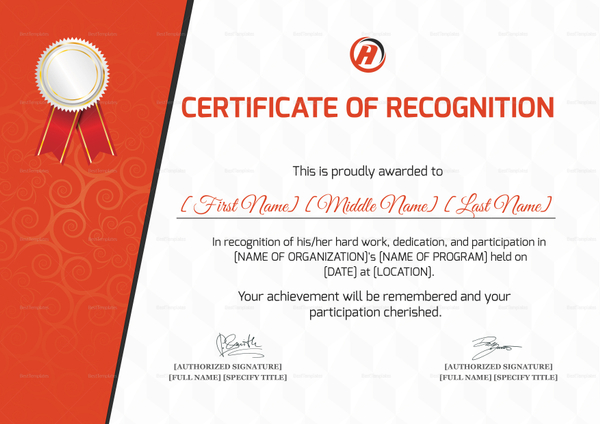 Certificate of Recognition for Dedication Template in PSD, Word