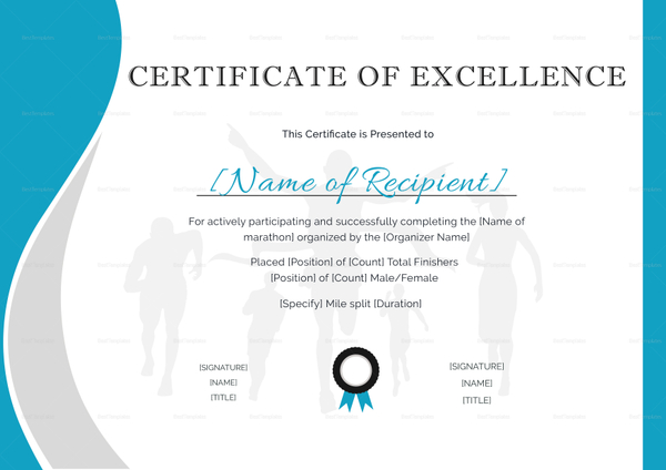 Excellence Certificate for Running Design Template in PSD, Word