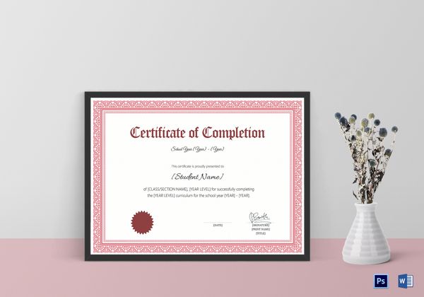 School Completion Certificate Design Template in PSD, Word