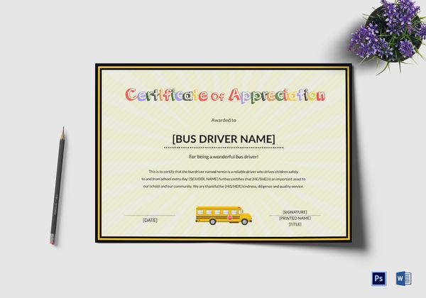 School Bus Driver Thank You Certificate Design Template in PSD, Word